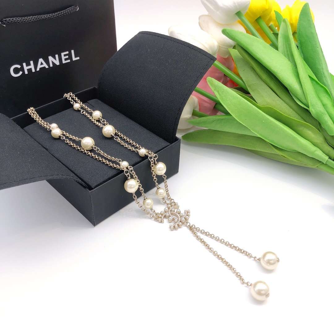 Chanel Pearl Double C Rice Beads Large And Small Necklace Gold For ...