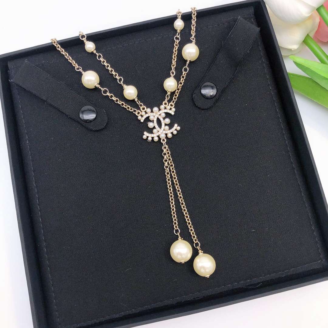 Chanel Pearl Double C Rice Beads Large And Small Necklace Gold For ...