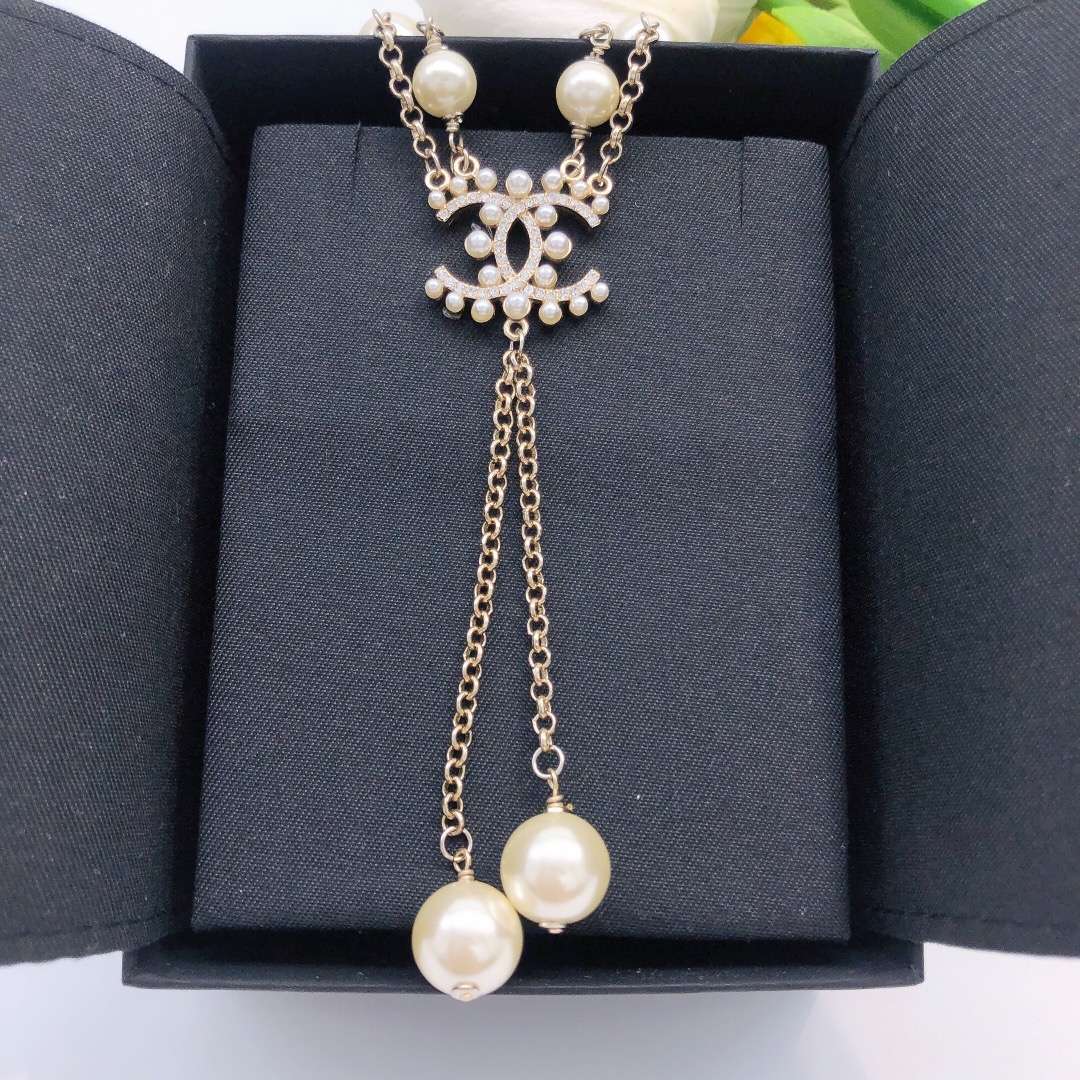 Chanel Pearl Double C Rice Beads Large And Small Necklace Gold For ...