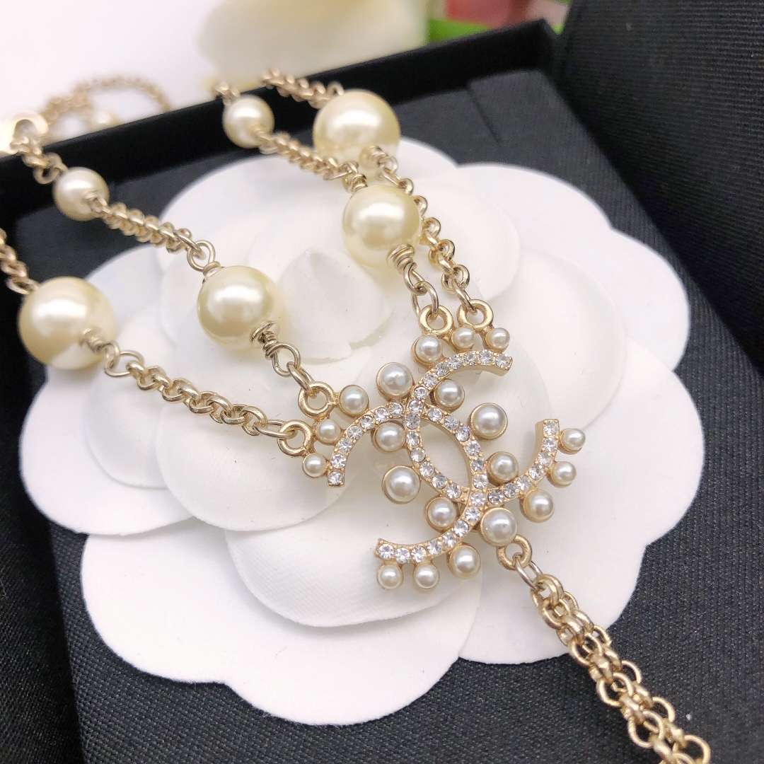 Chanel Pearl Double C Rice Beads Large And Small Necklace Gold For ...