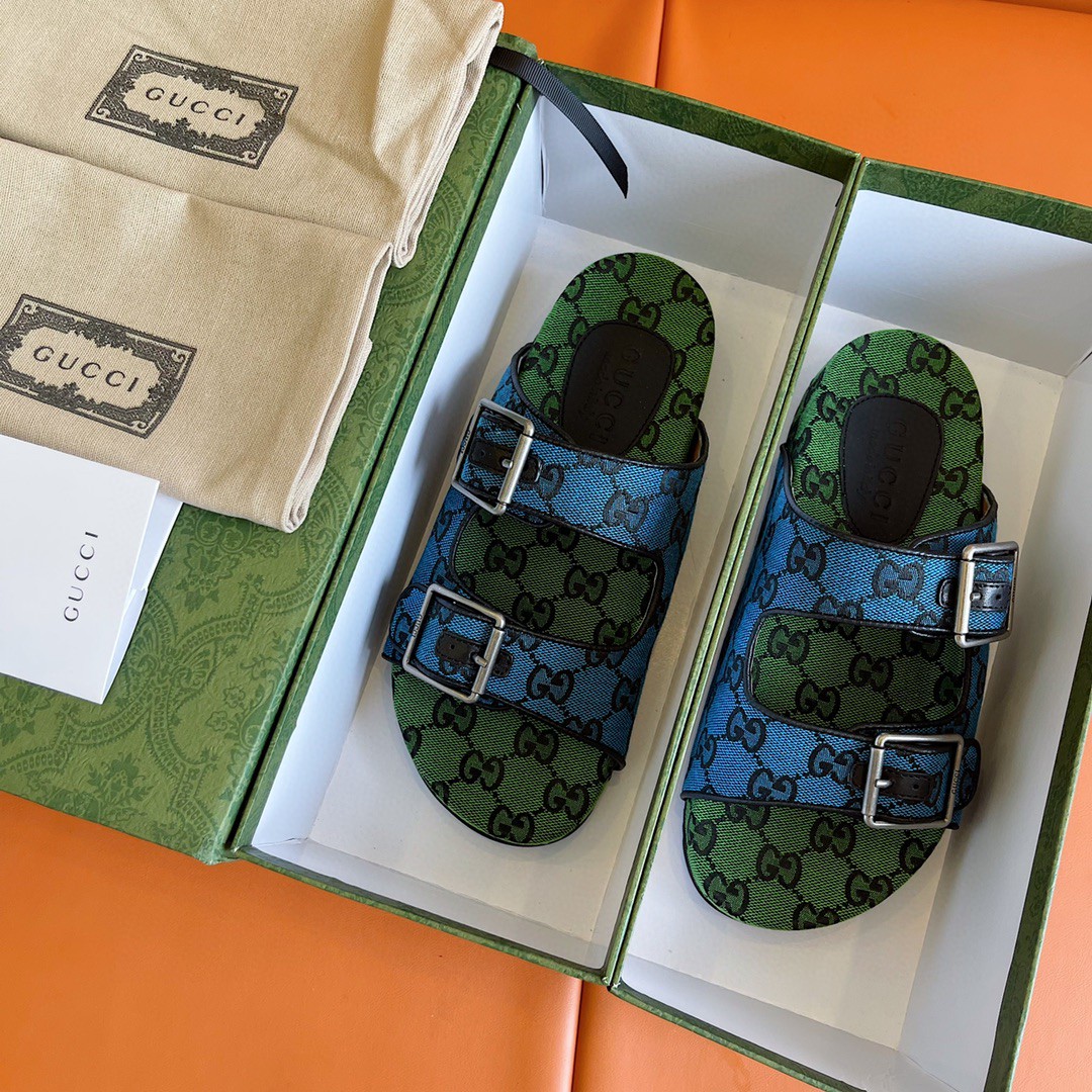 Gucci Men's Slide Sandal With Straps Blue And Green For Men 658020 ...