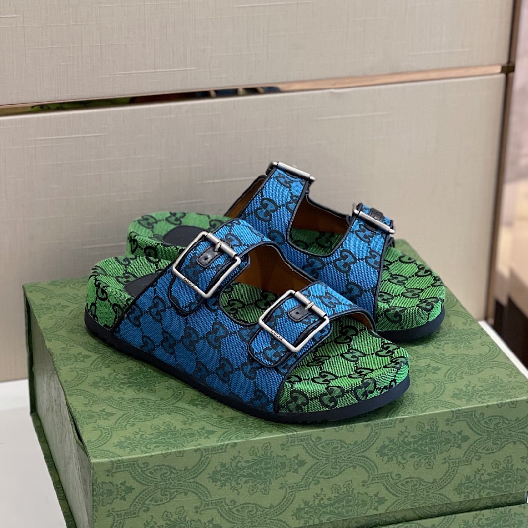Gucci Men's Slide Sandal With Straps Blue And Green For Men 658020 ...